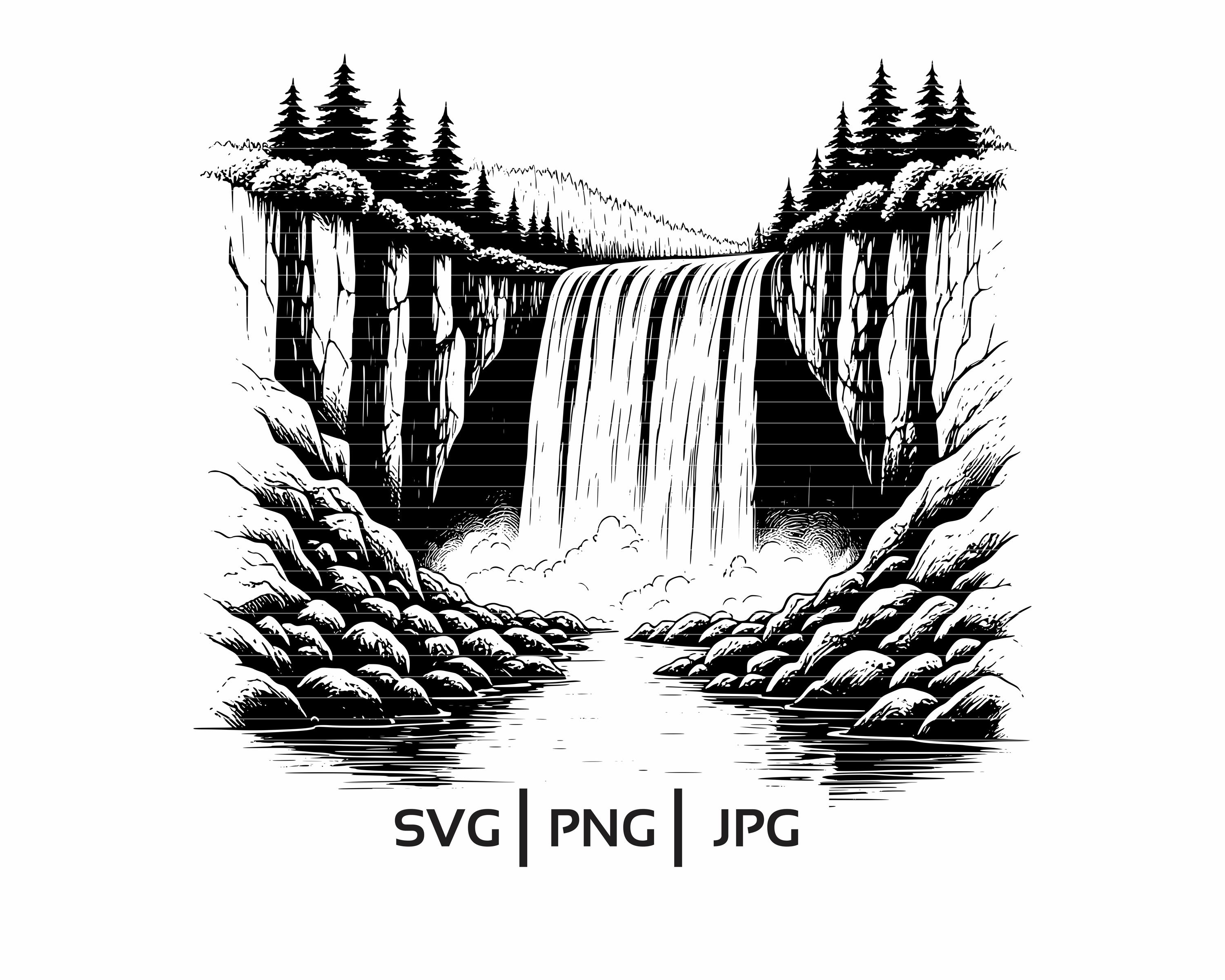 Waterfall and Trees Landscape SVG Design | Nature Scene Vector ...
