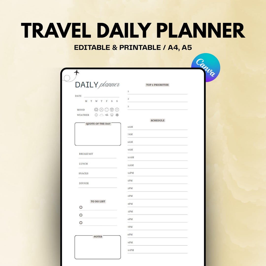 Printable Travel Daily Planner A4 and A5 | Editable Canva Template ...