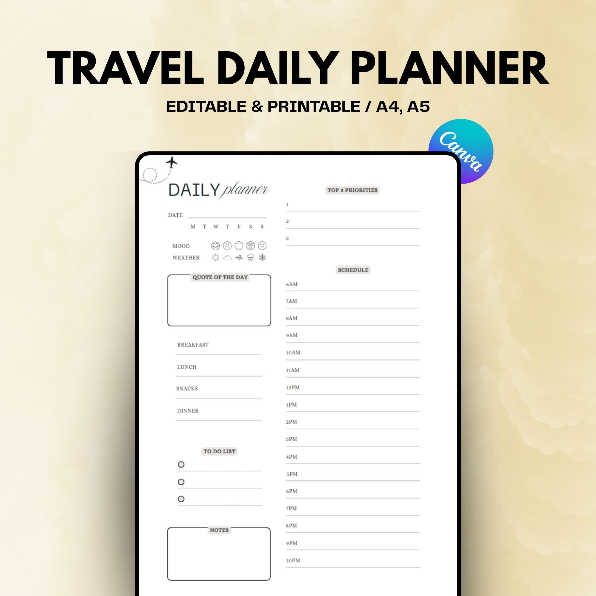 Printable Travel Daily Planner A4 and A5 | Editable Canva Template ...