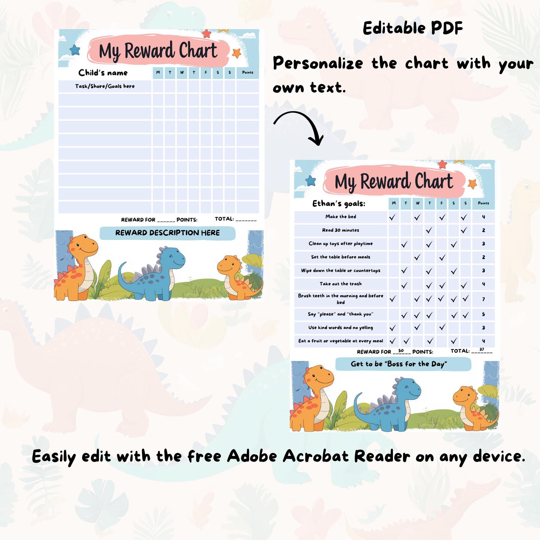 Dinosaur Reward Chart for Kids - Editable & Printable | Printable Chore ...