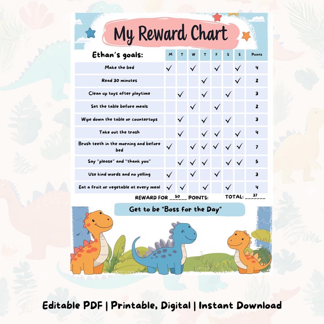Dinosaur Reward Chart for Kids - Editable & Printable | Printable Chore ...