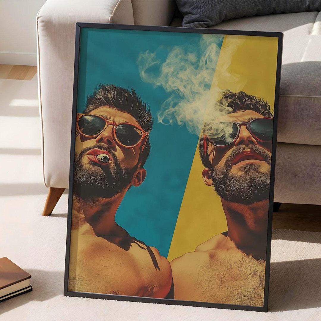 Erotic Gay Couple Art Print Muscular Men In Sunglasses Digital
