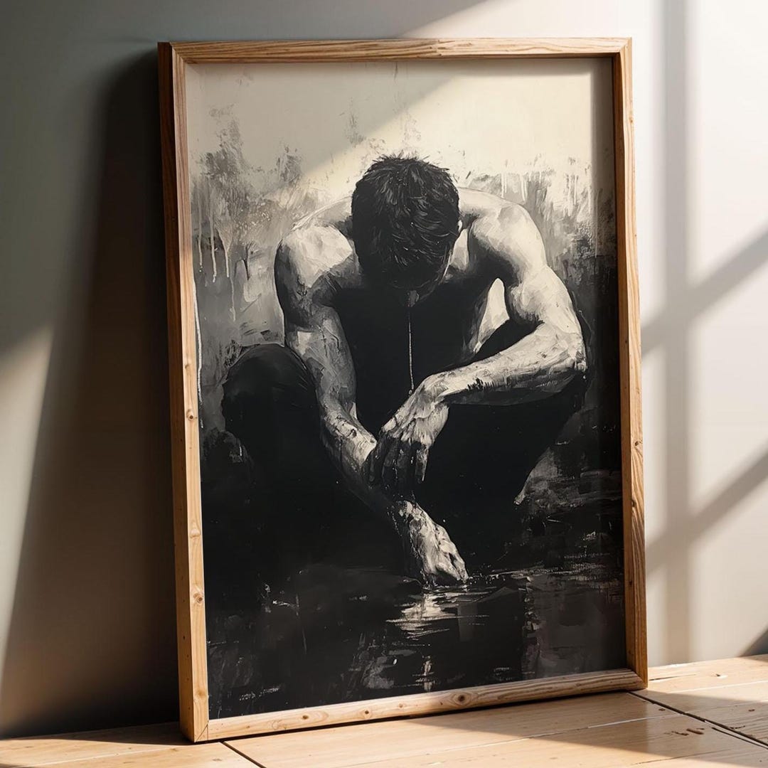 Monochrome Male Crying Art Print – Emotional Oil Painting of Man by ...