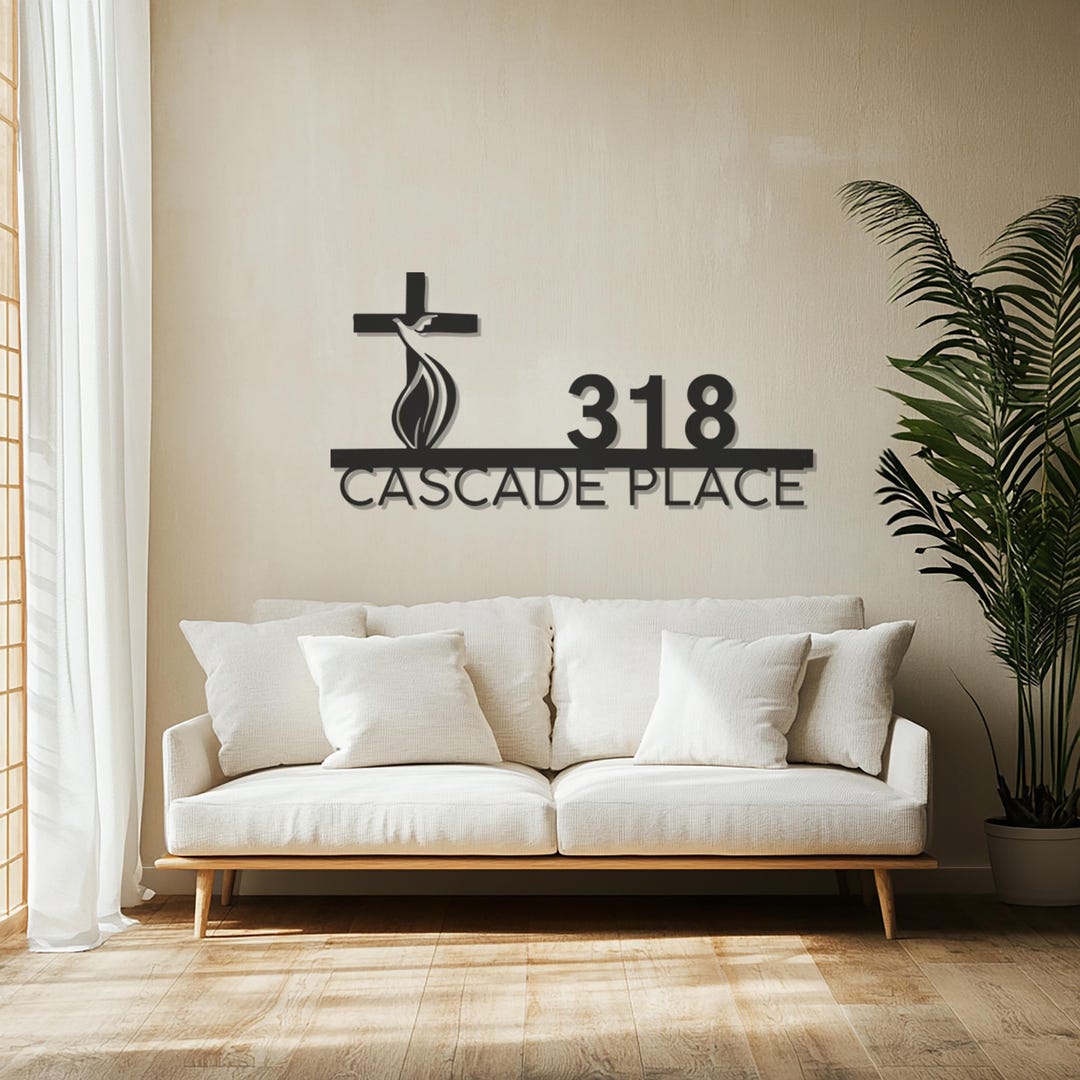 Religious Metal Wall Art, Christian Cross Custom House Number Sign ...