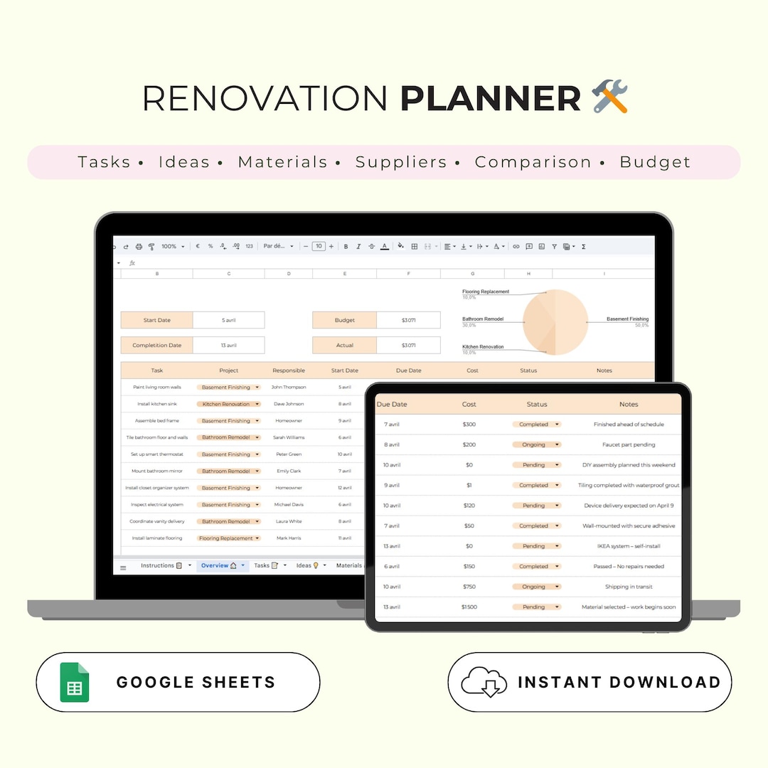 Renovation Spreadsheet | Home Renovation Planner | Renovation Tracker ...