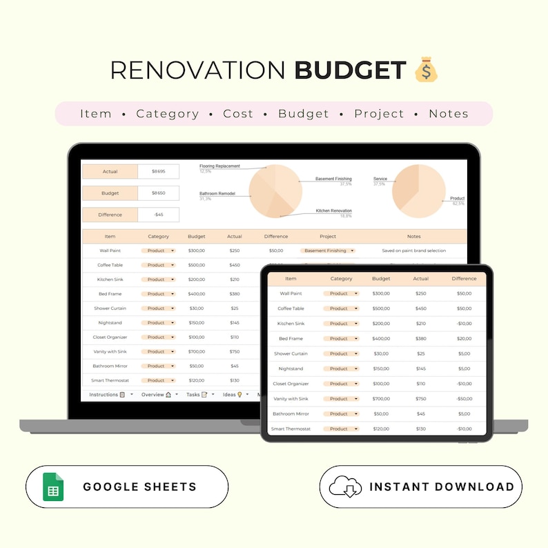 Renovation Spreadsheet | Home Renovation Planner | Renovation Tracker ...