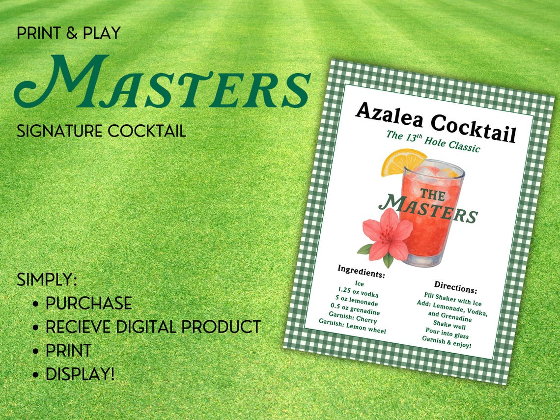 Azalea Cocktail Recipe Printable: Masters Party Bar Sign (PDF) - Etsy