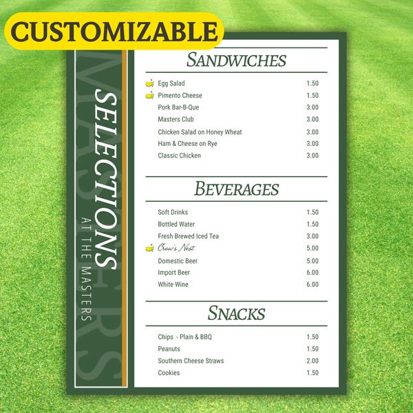 Masters Party Menu Printable - Etsy