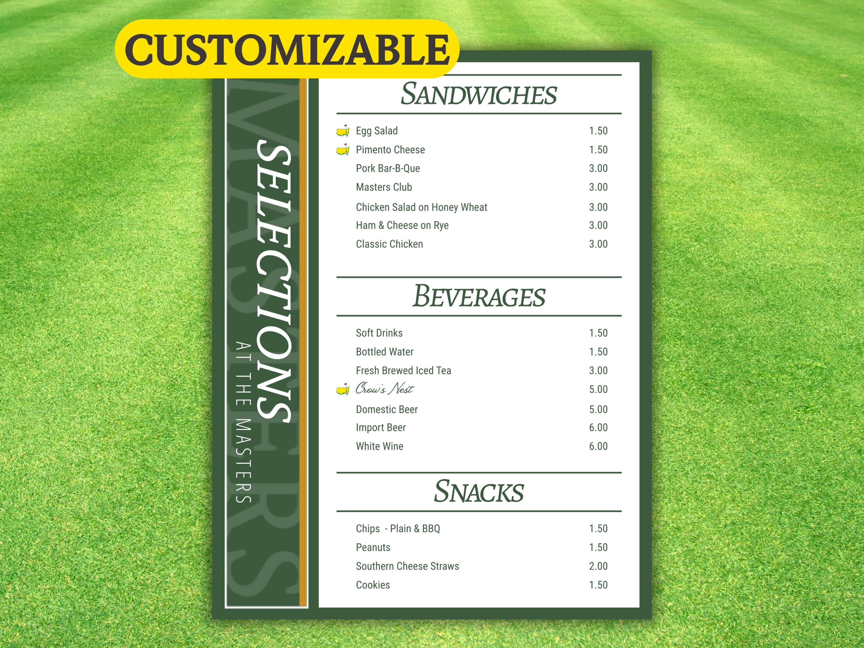 Masters Golf Party Menu Template: Augusta Inspired, Editable Canva ...