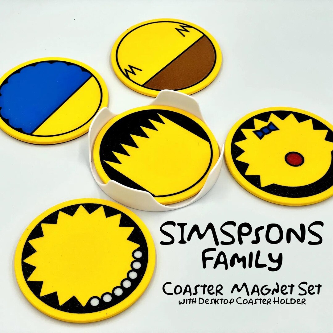 Simpsons Inspired Magnet Coaster Set - 5 Piece Set With Tabletop Holder ...