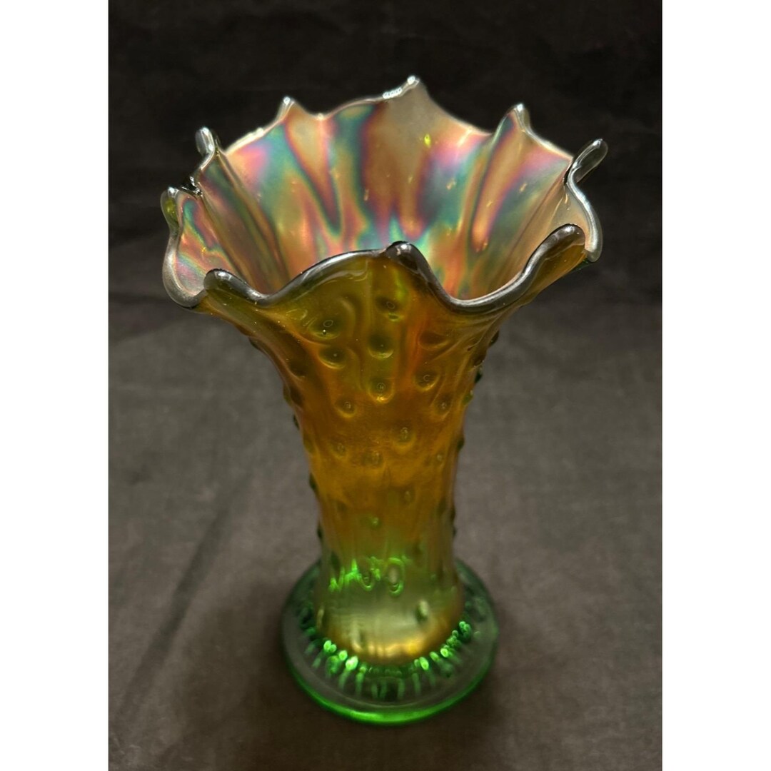 NORTHWOOD Green Carnival Glass Tree Trunk Vase - Swung Vase 8” Tall ...