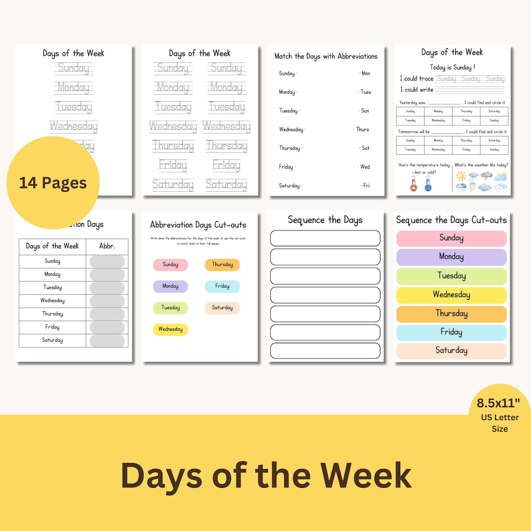 Preschool Days of the Week Learning, Days Matching Worksheets, Days ...