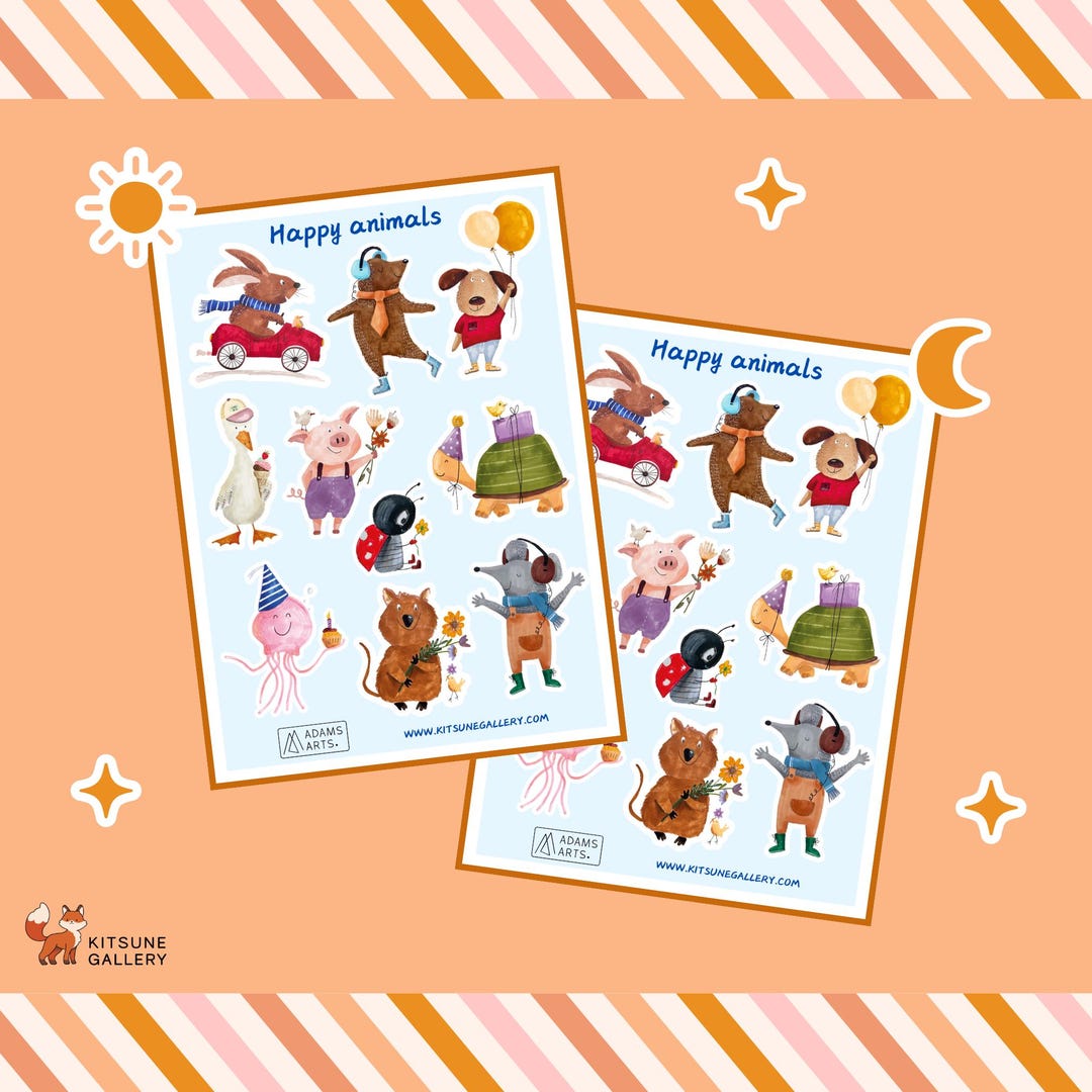 Happy Animals Sticker Sheet | Animals Sticker Sheet | Cute Animals ...