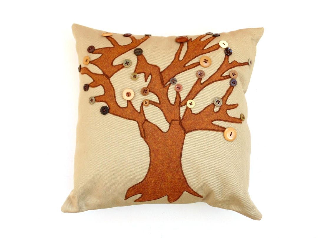 Autumn Tree of Life Pillow With Button Leaves, Country Rustic Farmhouse ...