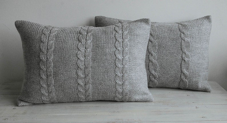 Decorative Cable Knit Pillow Cover in Grey 12 X 18 Inch Textured Wool ...