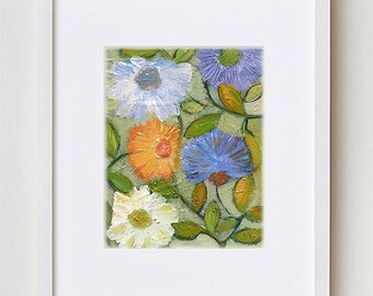 Abstract Floral Painting, Warm Flowers Art Print 8x10", Contemporary ...