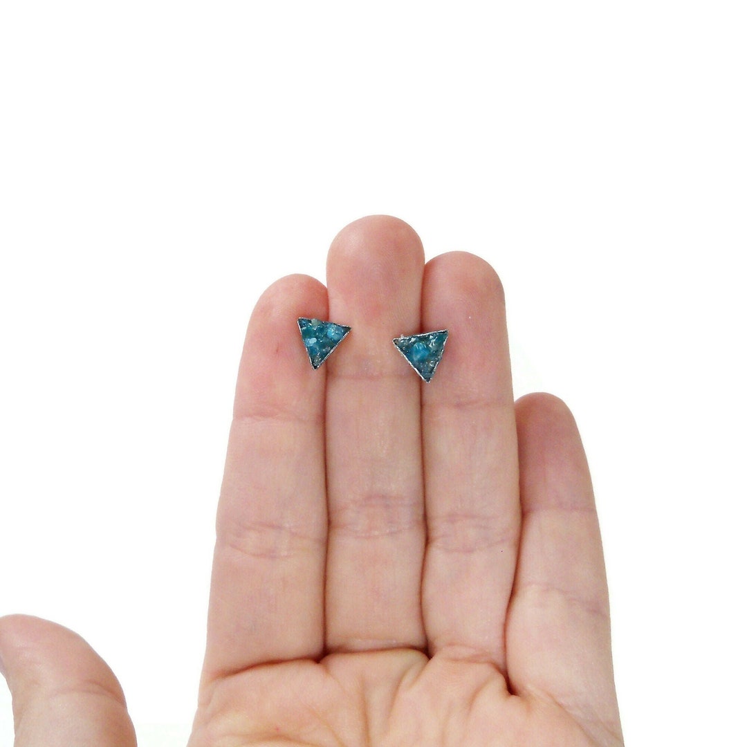 Blue Apatite Triangle Crushed Stone Geometric Hypoallergenic Stainless ...