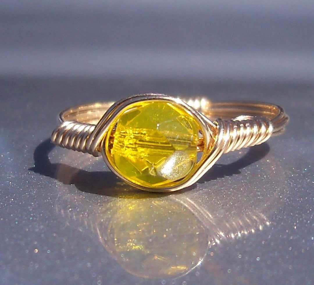 Wire Wrapped Ring, Electric Yellow Ring, Fire Polished Czech Glass Ring ...