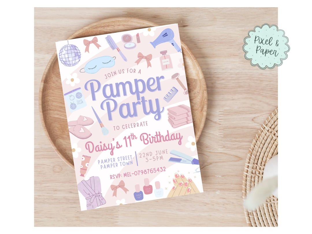 Pamper Party Invite, Girl’s Spa Day Birthday Invitation,pastel Bow,glam ...