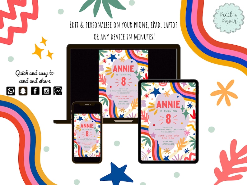 Rainbow Shapes Art Party Invite, Funky Colourful Themed Birthday ...