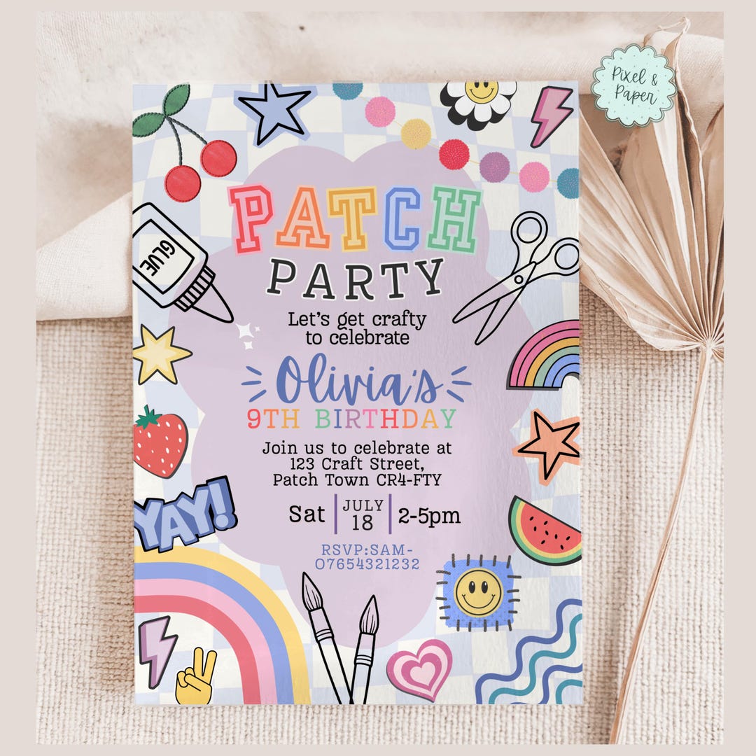 Patch Party Invite,arts & Craft Themed Birthday Invitation,funky ...