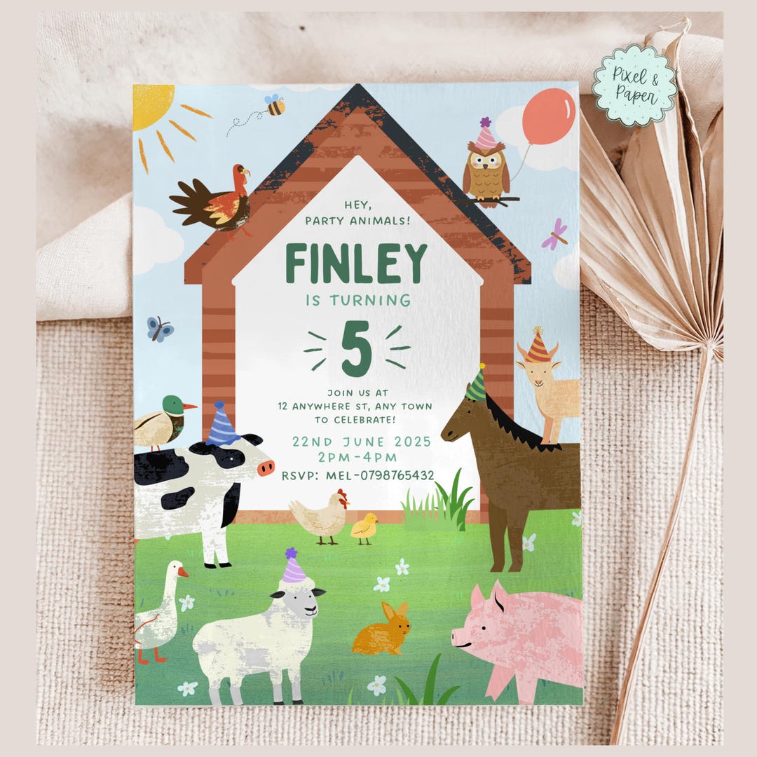 Farm Animals Party Invite, on the Farmyard Birthday Invitation, Boy’s ...