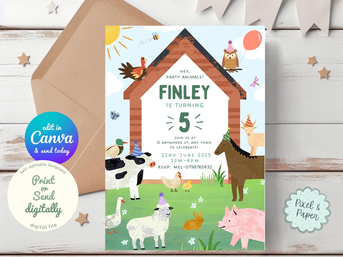 Farm Animals Party Invite, on the Farmyard Birthday Invitation, Boy’s ...