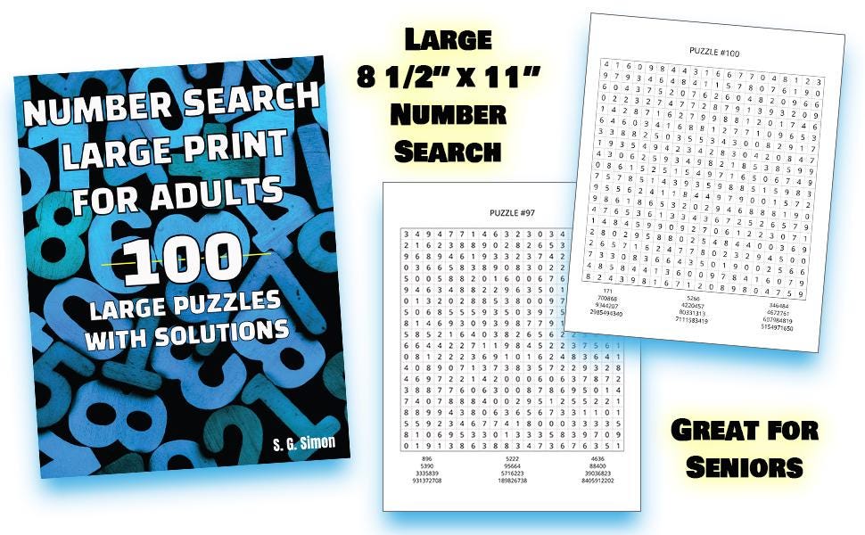 Number Search, Large Print for Adults: 100 Large Puzzles & Solutions ...