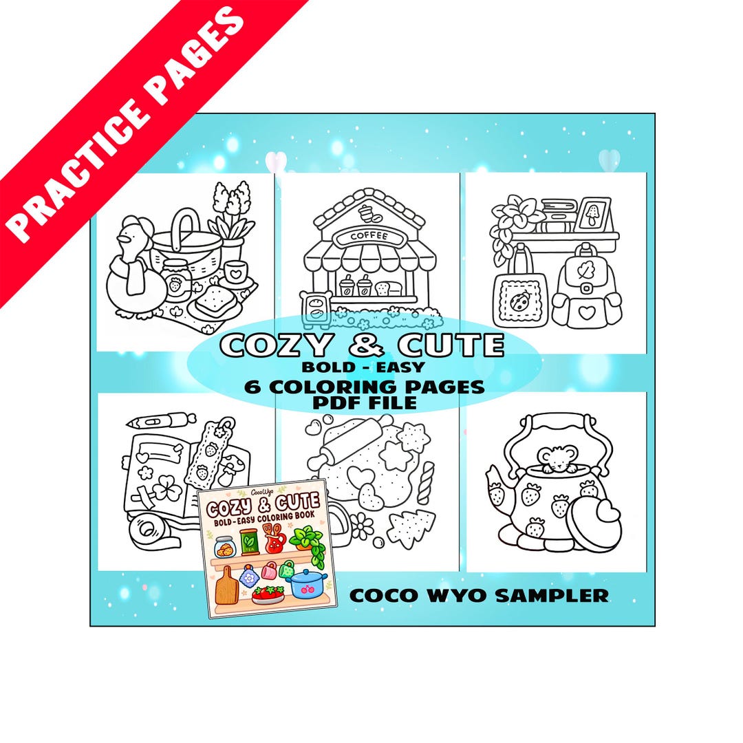 Cozy & Cute Bold, Easy Coloring Book Pages 6 PACK, Relaxing, Calming ...