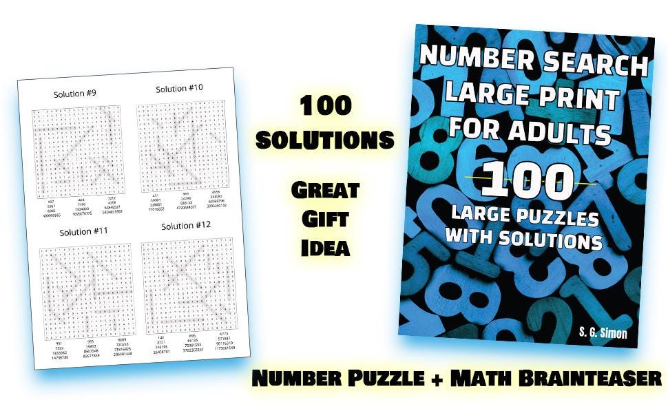 Number Search, Large Print for Adults: 100 Large Puzzles & Solutions ...