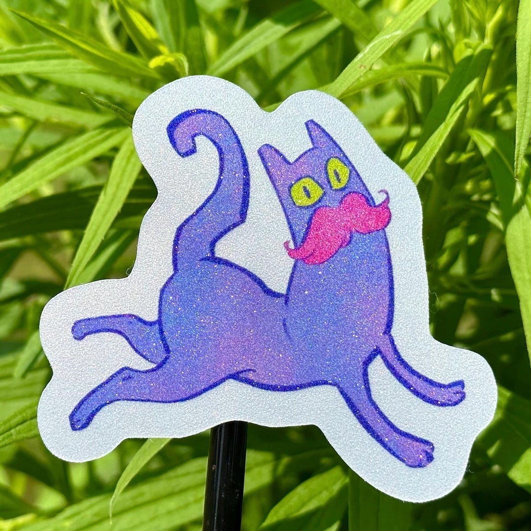Mustache Cat Sticker: Purple Kitty Art, Sparkly or Matte Vinyl Decal - Etsy