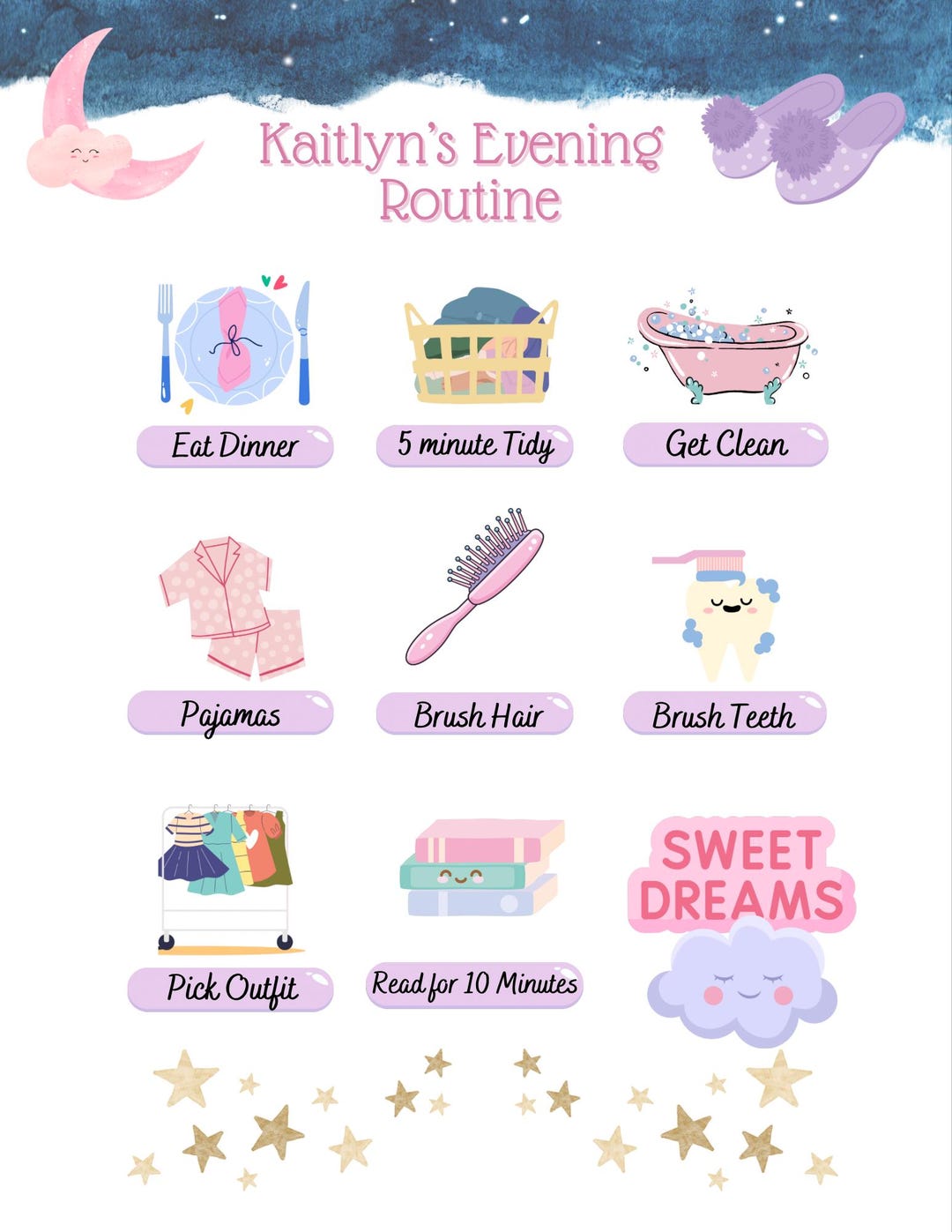 Girls Nighttime Routine Visual Chart - Etsy