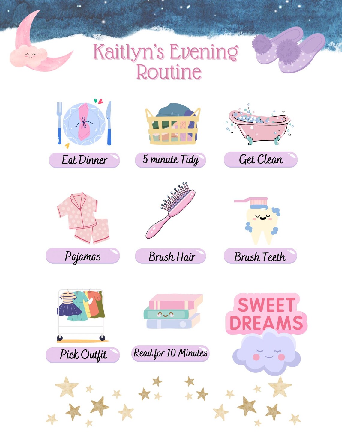 Girls Nighttime Routine Visual Chart - Etsy