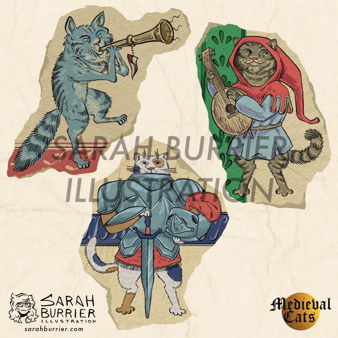 Medieval Manuscript Cats Waterproof Stickers: Knight, Bard, Horn - Etsy