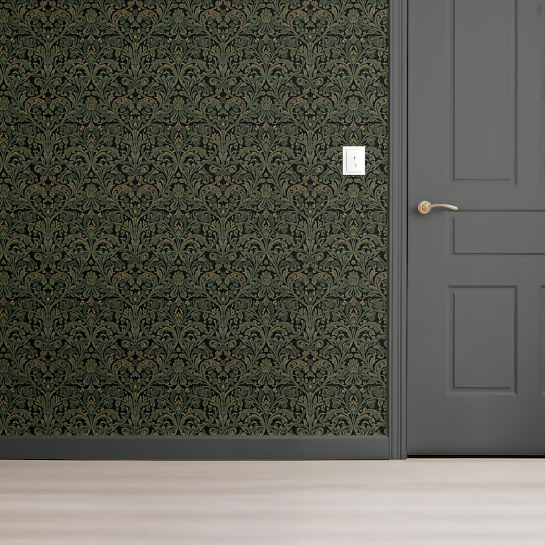 Hunter Green Gold William Morris Damask Wallpaper Moody Victorian Arts ...