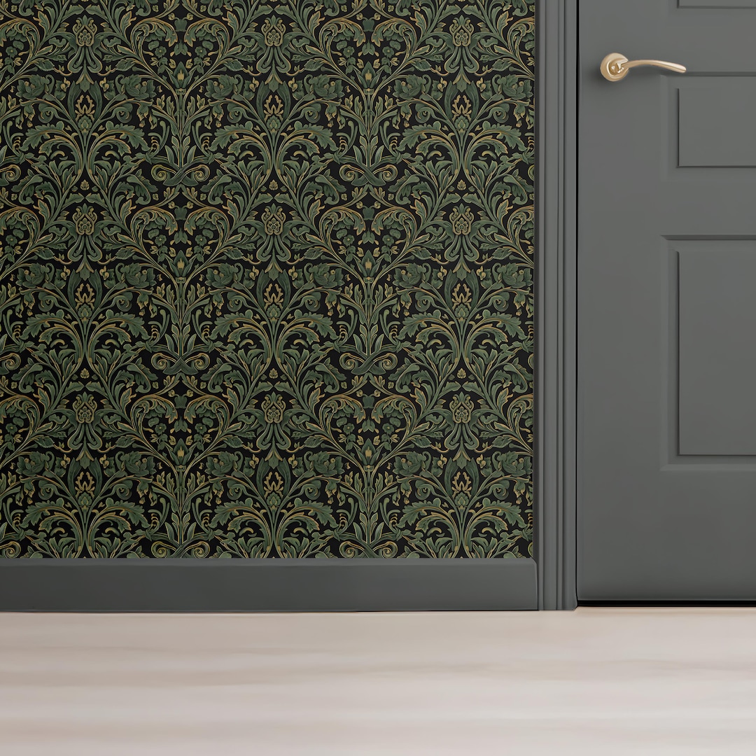 Hunter Green Gold William Morris Damask Wallpaper Moody Victorian Arts ...