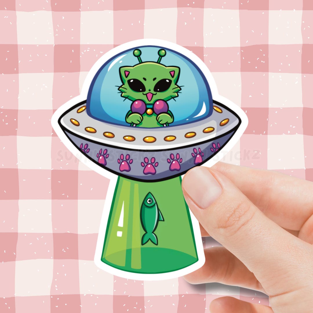 Cute Alien Cat Sticker, Gnarp Gnap Decal, Kitty in UFO Abducting a Fish ...