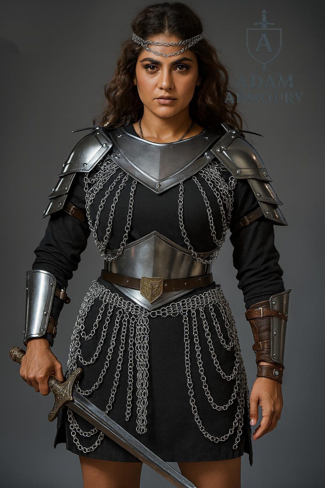 Steel Lady Warrior Fantasy Pauldrons, Gorget & Chainmail Bracers ...