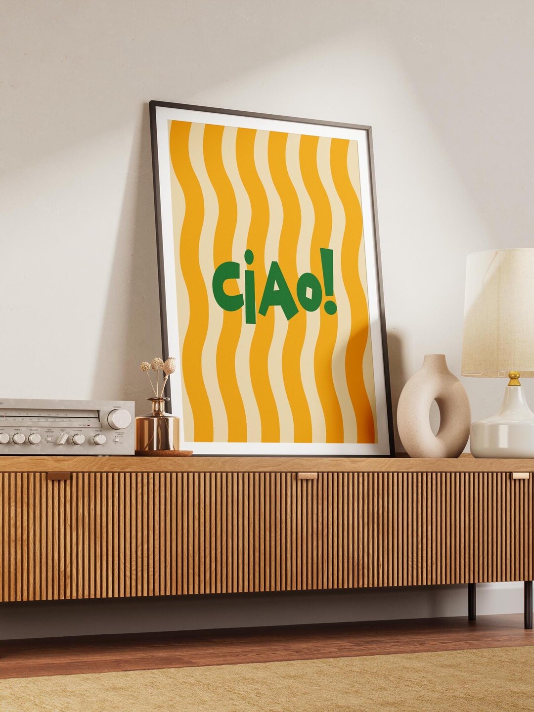 Ciao Poster, Wavy Yellow Retro Wall Art, Playful Italian Greeting Print ...