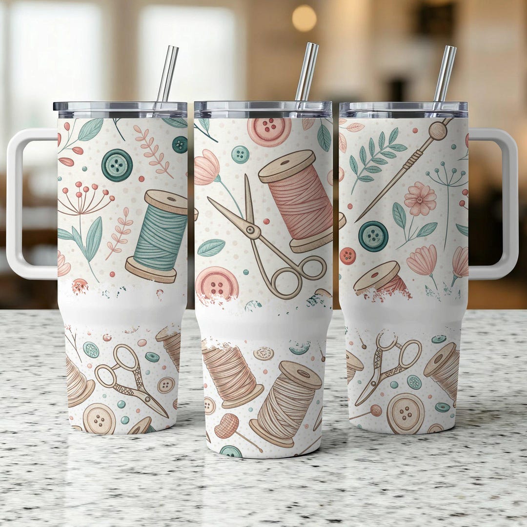 Sewing Seamless 40oz Tumbler Wrap, Spools Buttons Scissors Design, Cute ...