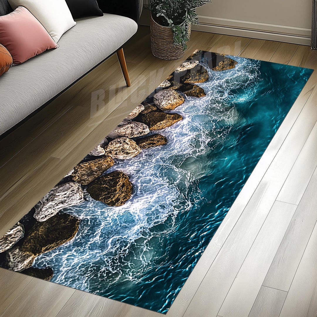 Sea Rug, Rocks Long Rug, Sea Foam Rug, Sea Design Rug, Sea Hallway Rug ...