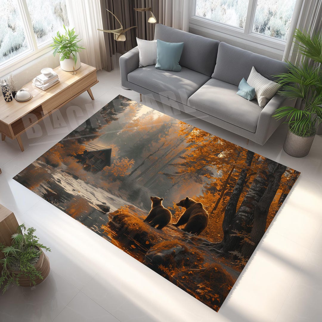 Forest Bear Rug, Rustic Cabin Nature Area Rug, Bear Family Woodland ...