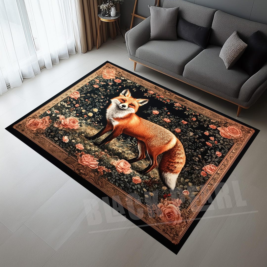Fox Rug, Fox Decor Rug, Animal Rug, Framed Fox Rug, Flowers Design Rug ...