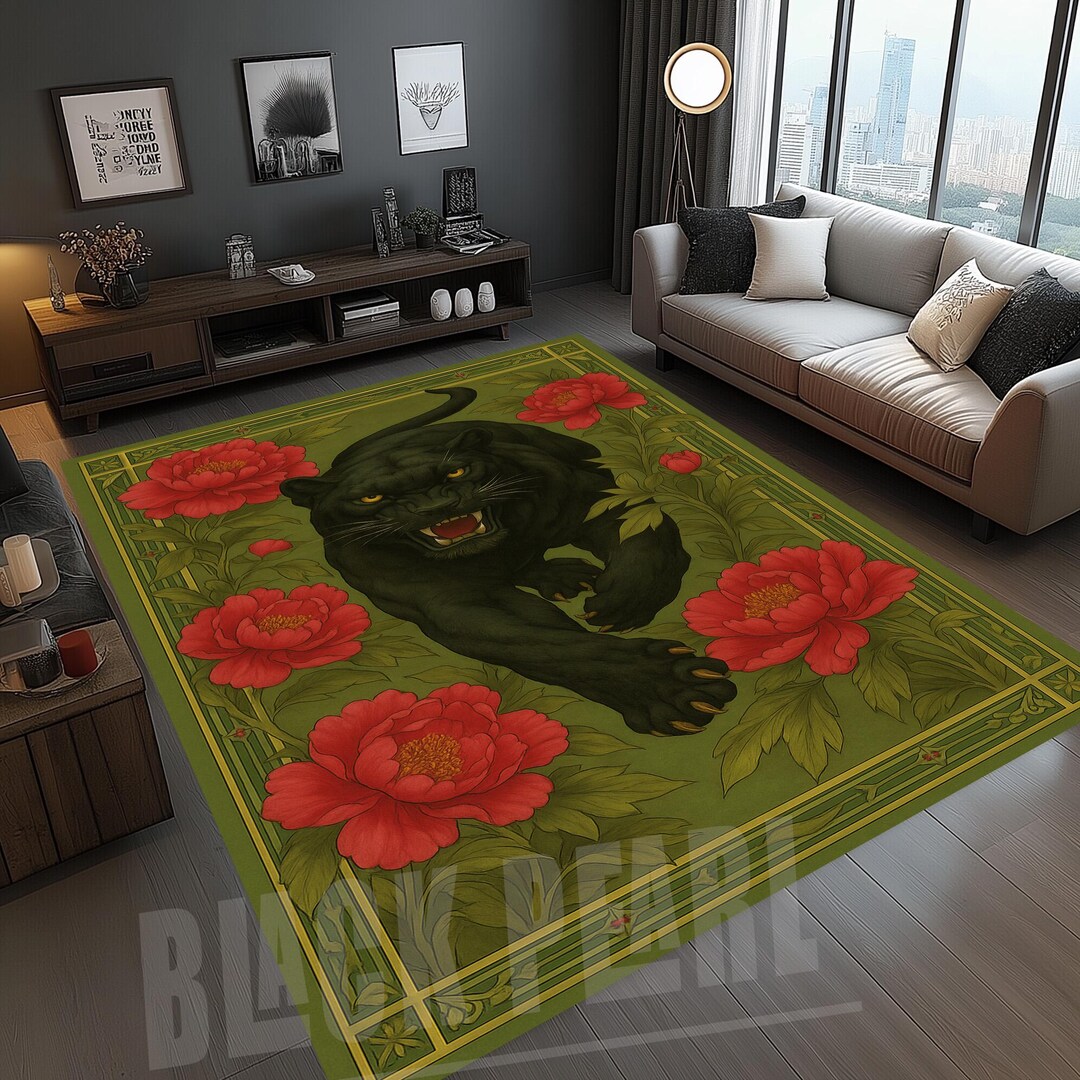 Panther Art Rug, Floral Peony Design, Jungle Style - Etsy