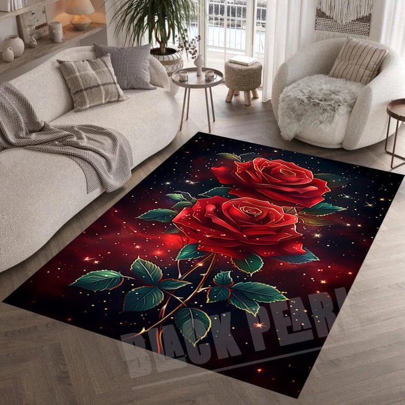Red Rose Velvet Rug: Floral Living Room Decor - Etsy