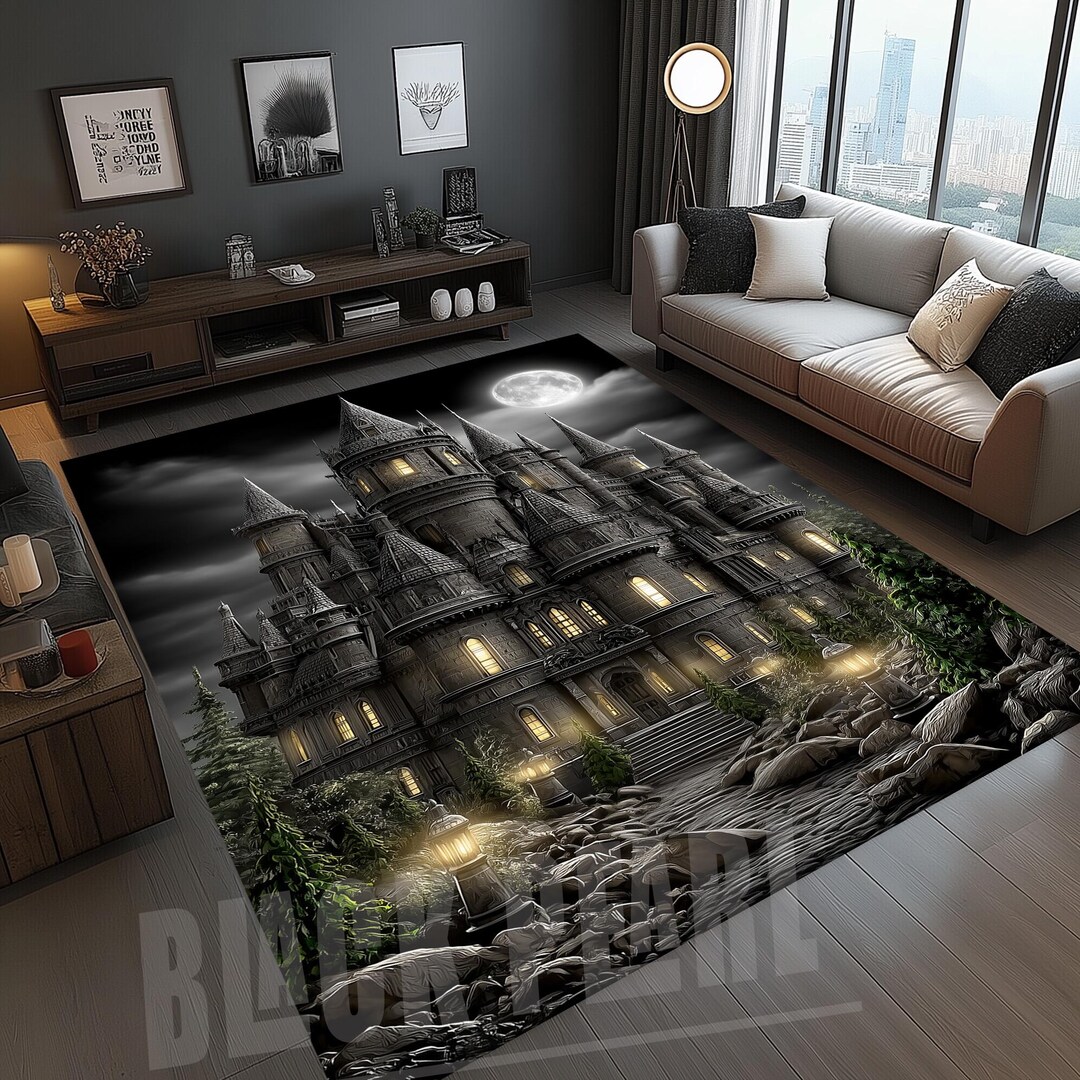 Grey Castle Rug, Moon Decor Rug, Castle Design Rug, Castle Modern Rug ...