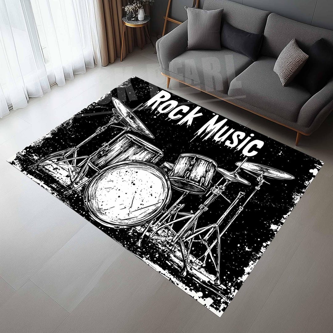 Rock Music Rug, Drum Set Rug, Black and White Drum Set Rug, Drum Set ...