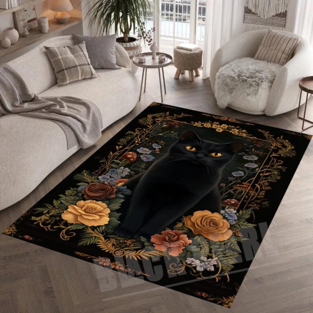 Black Cat Rug: Floral Leaves Theme, Modern Home Decor - Etsy