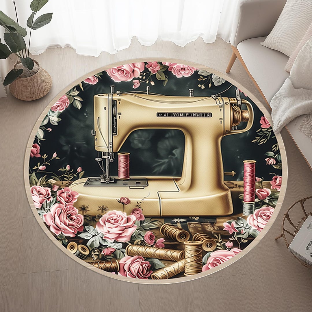 Gold Sewing Machine Rug, Pink Roses Rug, Sewing Machine Round Rug ...