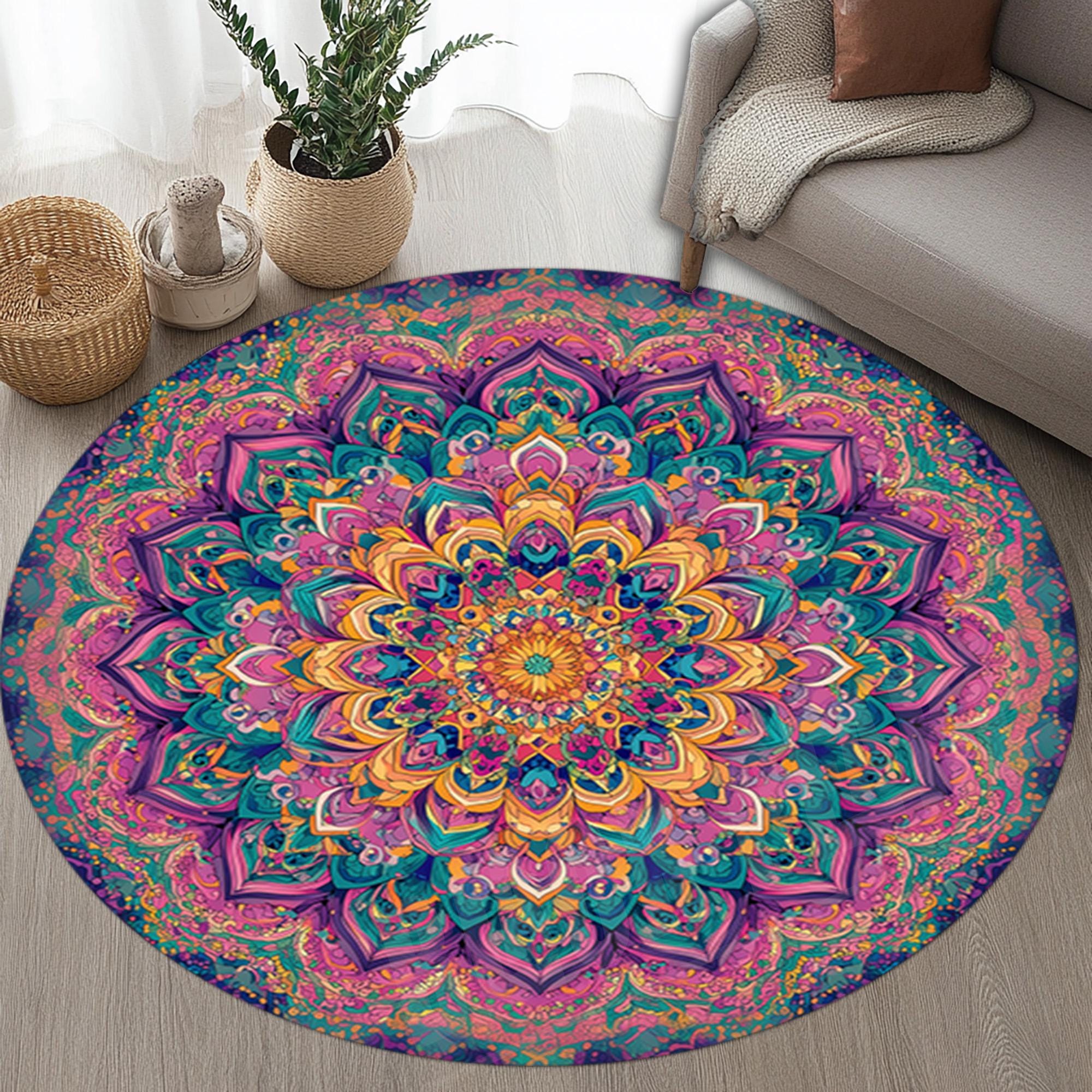 Colorful Mandala Rug: Velvet Round Area Rug, Non-slip Cotton Base - Etsy